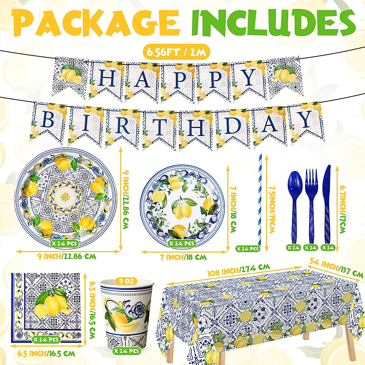 Potchen 194 Pcs Capri Lemon Birthday Party Supplies Lemon Disposable Tableware Set Capri Lemon Banner Paper Plates Napkins Cups Cutlery Tablecloth for Bridal Shower Party Decor, Serves 24 Guests