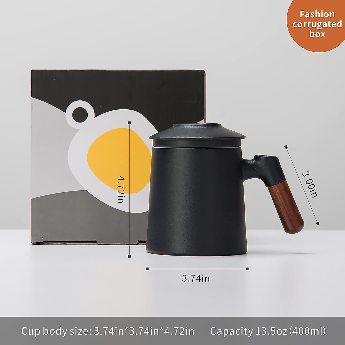HEER Ceramic Tea Mug with Infuser and Lid, Black Wooden Handle Tea Cup with Filter for Steeping Loose Leaf, 13.5oz/400ml.