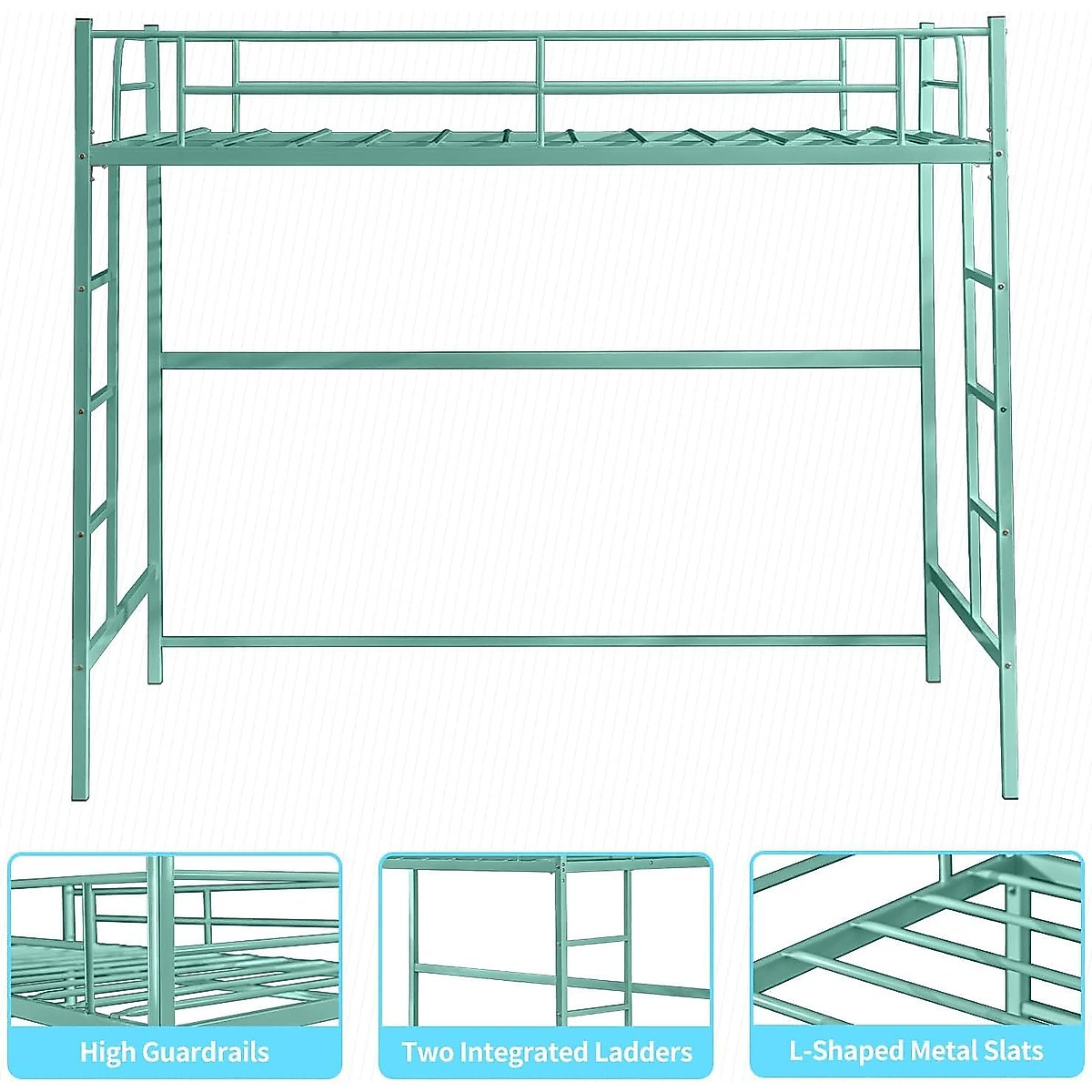 Pipleo Loft Bed Twin Size, Multifunctional Twin Size Loft Bed Frame with Safety Guardrail and Ladder, Space-Saving, Loft Beds for Juniors and Teens, No Box Spring Needed