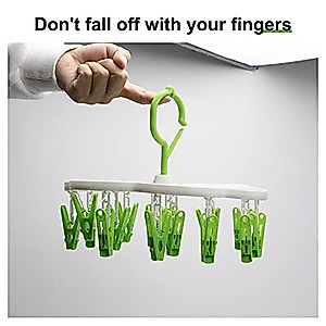 Bobrv Clothes Hangers with 16 Clips, Sock Underwear Baby Hanger, Hanging Drying Rack, Plastic Laundry Clip and Drip Clothespin Rack for Towel, Hat, Scarf, Green, 9 x inches