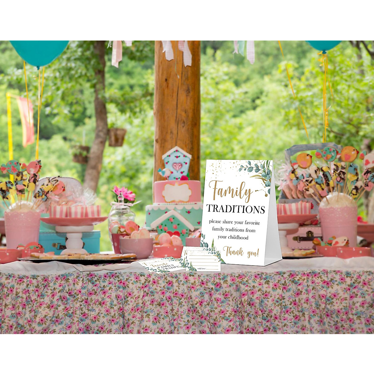 Baby Shower Games Family Traditions Sign, 1 Standing Sign and 50 Cards, Woodland Greenery Gender Neutral Decoration, Gender Reveal Party, Bridal Shower Favor Supplies-LT38
