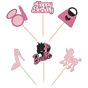30 Pack Princess Cupcake Toppers Glitter Happy Birthday Lipstick High Heel Bag Cupcake Picks for Baby Shower Bridal Shower Wedding Princess Birthday Anniversary Theme Party Cake Decorations Pink Black