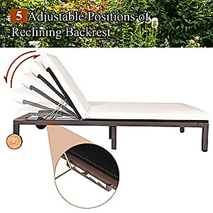 HAPPYGRILL 2-Person Patio Lounge Chair Rattan Wicker Chaise Lounge with Adjustable Backrest, Outdoor Loveseat Sofa Daybed with Wheels & Cushion for Garden Lawn Backyard