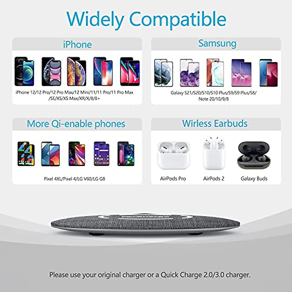 Flat Fabric Wireless Charger, 15W Super Slim Universal Wireless Charging Pad for iPhone 14/13/12/11/XR/X/8, Android Wireless Charger for Galaxy S21/S20 Ultra/S10/Note 10, Pixel 5/4 XL (No AC Adapter)