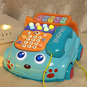 Chirldren Telephone Toy Cartoon Simulated Landline Smartphone Drag Function Call Play Piano Early Education Music Learn Hit Hamster Children Enlightenment Brain Toys Creative Gift for Kids Blue