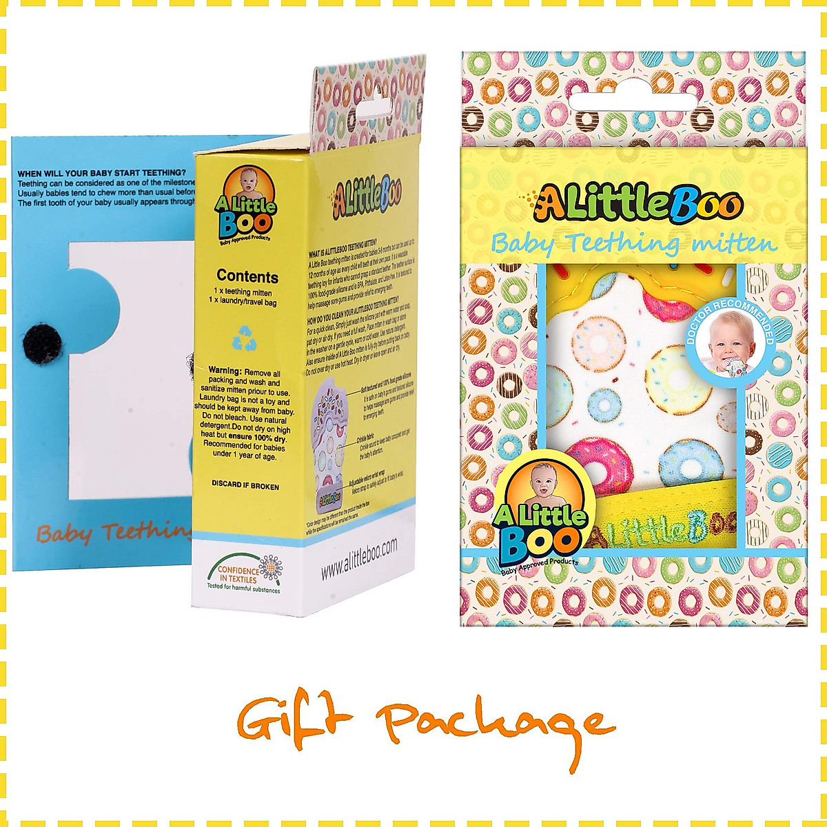 A Little Boo Baby Teething Mitten - Teether Glove - Infants Newborn Teething Toy [2 Pack] [Yellow]