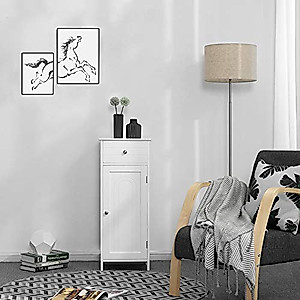 VASAGLE Bathroom Floor Cabinet Wooden Storage Organizer Unit with Drawer and Adjustable Shelf for Living Room White