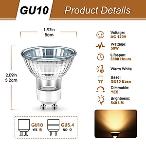 GU10 Halogen 50W Bulbs, 120V Halogen Light Bulb, GU10 Base Replacement for Candle Warmer Lamp Bulb, Warm White GU10+C Dimmable Glass Cover for Spot Track Lighting, Range Hood Lights, 3 Pack