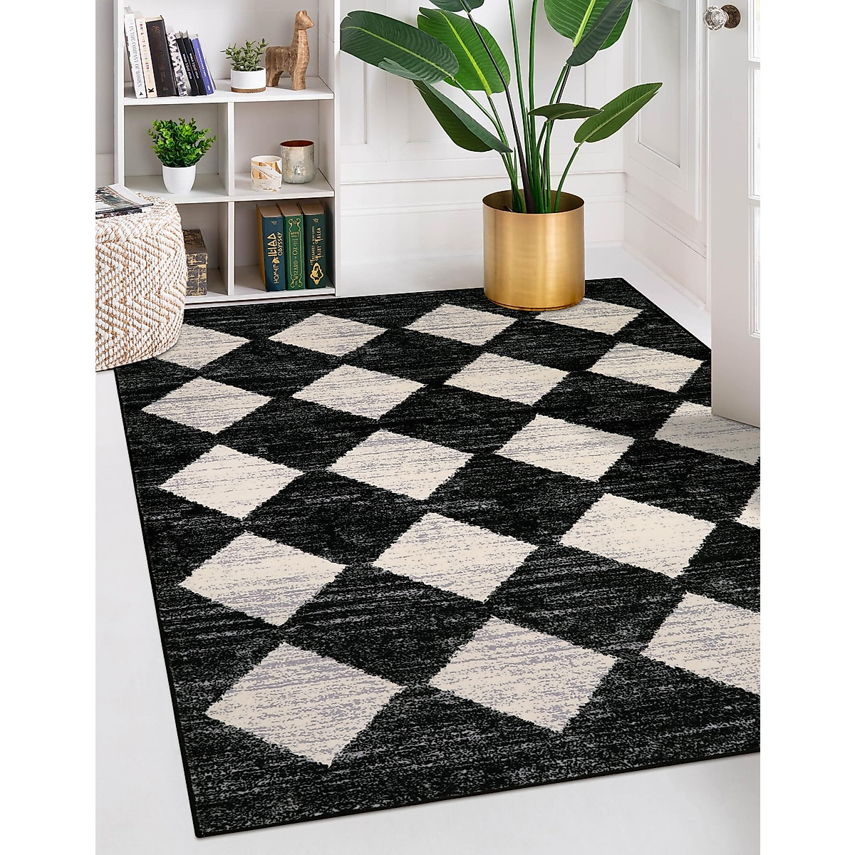 Lahome Moroccan Trellis Area Rug - 5x7 Black Washable Large Rugs for Bedroom Living Room Mat, Checkered Soft Non Slip Stain Resistance Indoor Accent Carpet for Dining Room Coffee Table