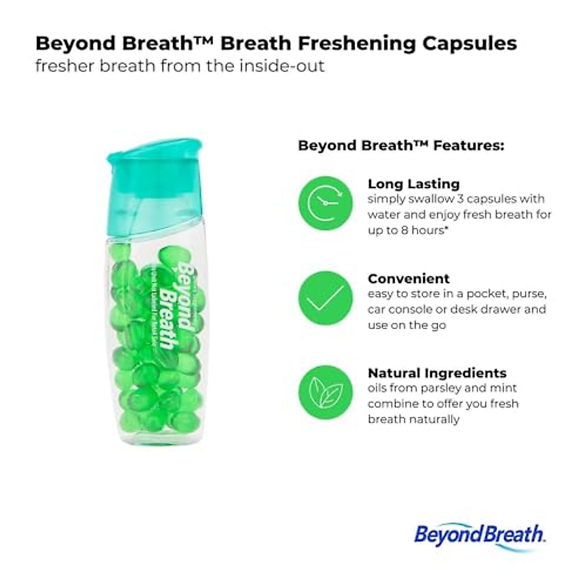 Beyond Breath Breath Freshening Capsules, Fresher Breath From Inside-Out, Even Works On Bad Breath From Garlic, Lasts Up To 8 Hours, 50 Capsules