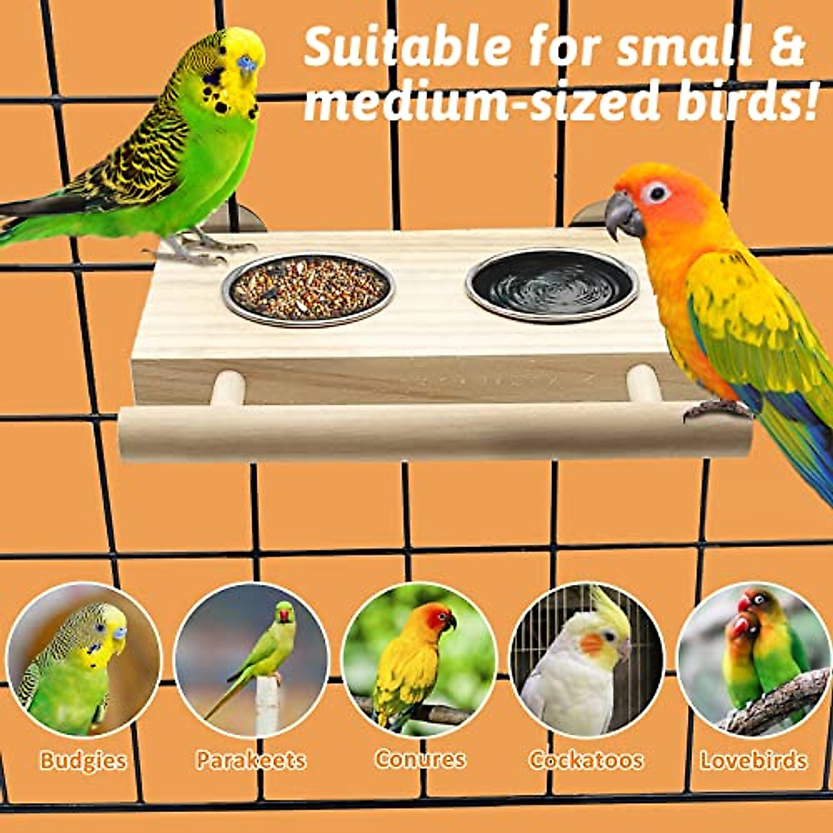 Tfwadmx Bird Food Stainless Steel Cups Wooden Perch Stand Hanging Feeder Bowls Feeding and Watering Supplies for Parakeets Conures Cockatiels Budgie Parrot