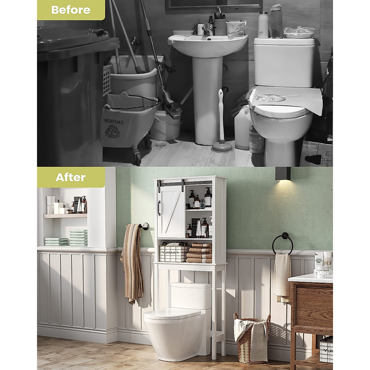 Crestlive Products Over The Toilet Storage Cabinet, Wood Bathroom Organizer with Adjustable Shelves and Sliding Barn Door, Bathroom Space Saver-White