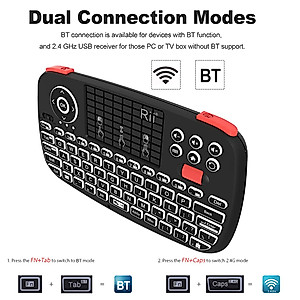 Rii (Upgrade) i4 Mini Bluetooth Keyboard with Touchpad, Blacklit Portable Wireless Keyboard with 2.4G USB Dongle for Smartphones, PC, Tablet, Laptop TV Box iOS Android Windows Mac.Black