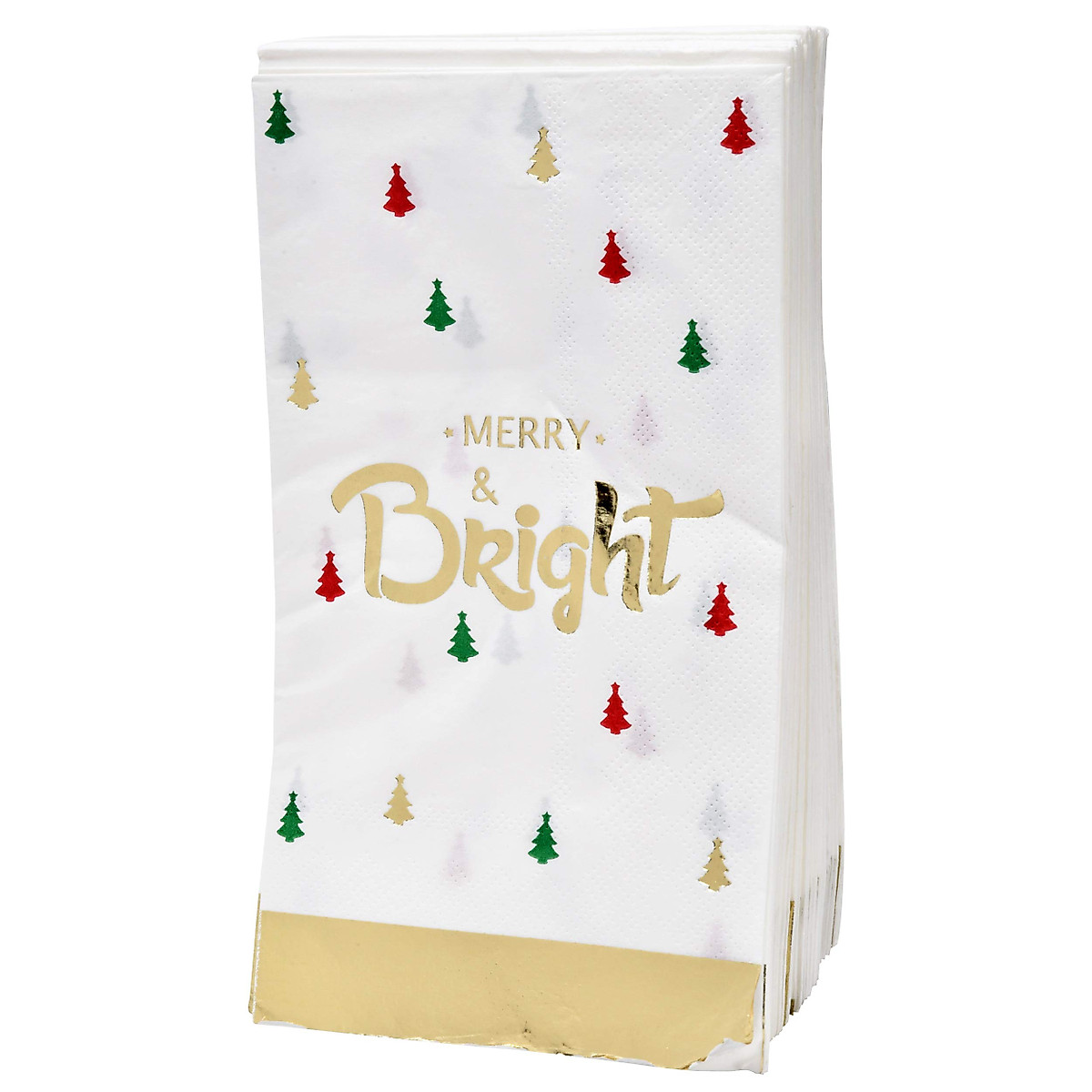 Gift Boutique - 100 Christmas Guest Napkins 3 Ply Disposable Paper Holiday Guest Merry and Bright Gold Foil Christmas Trees Red Green Gold
