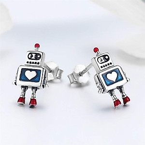 Cute Astronaut Sterling Silver Small Stud Earrings for Women Men Personalized Unique Robot Saucerman Love Heart Studs Tragus Post Hypoallergenic Unisex Jewelry (Robot)