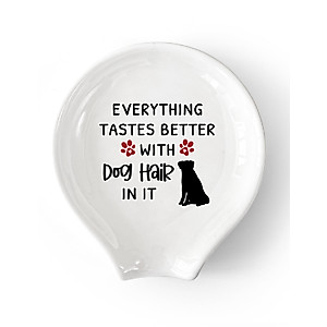 WHING Funny White Ceramic Coffee Tea Spoon Rest, Everything Tastes Better With Dog Hair in it - Coffee Station Decor Coffee Holder Accessories Gift for Coffee Lovers Friends