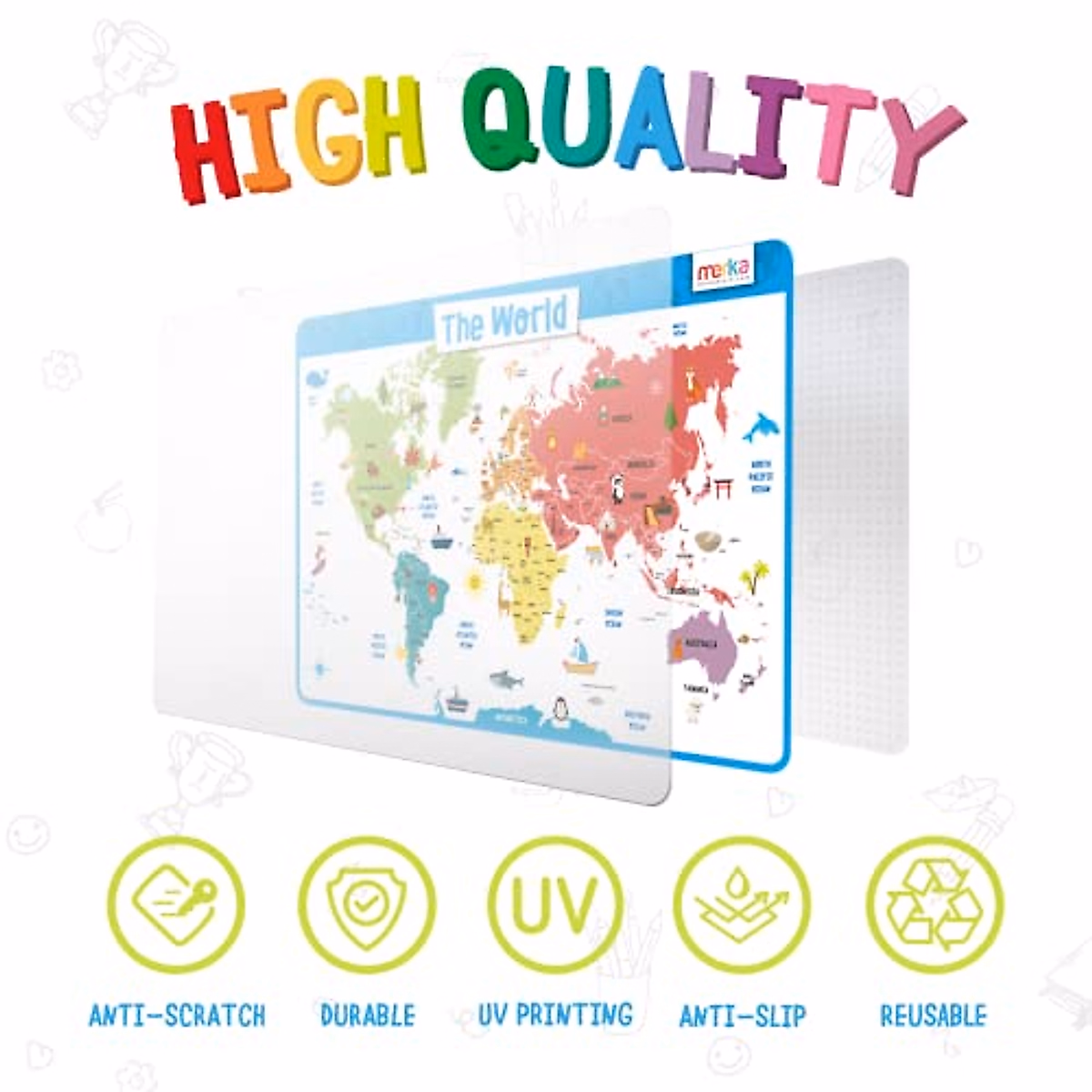 merka Kids Placemat Kids World Map Kids Placemats for Dining Table World Atlas Map Countries Continents and Oceans Non-Slip Reusable Placemats