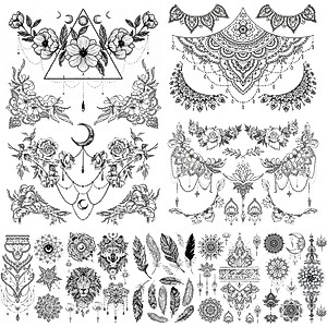 glaryyears 8 Sheets Mandara Chests Tattoos for Women, Black Flower Leaf Lion Wolf Dreamcatcher Designs Underboob Temporary Tattoo Stickers on Chest Waist Waterproof Body Art Large Size