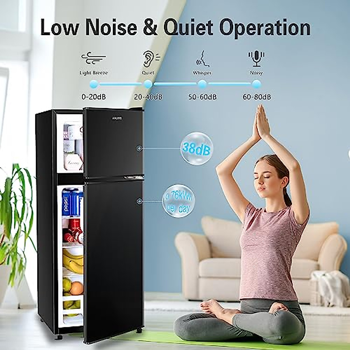 Anukis Compact Refrigerator 4.0 Cu Ft 2 Door Mini Fridge with Freezer For Apartment, Dorm, Office, Family, Basement, Garage, Black