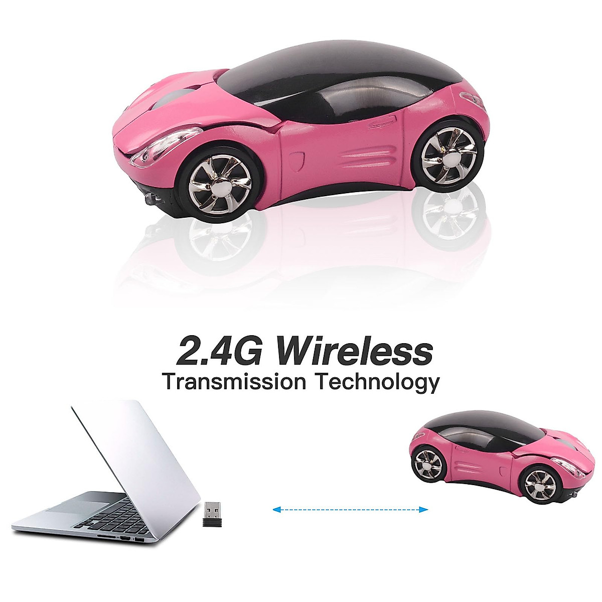 WAONIQ Wireless Mouse, 2.4G Wireless Mouse Car Mouse, Ergonomic Game Mouse with USB Receiver, 1600DPI Optical Mouse, Smart Power Saving, Portable Mouse for PC Windows Laptop Notebook Mac OS(Pink)