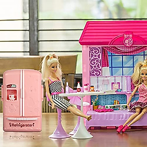 Dollhouse Refrigerator Mini Fridge Toy with Mini Food Set, Kitchen Furniture Food Toys Dollhouse Miniatures, Decorations Bottles Fruits Desserts for Children (Lovely Style, 17 Pieces)