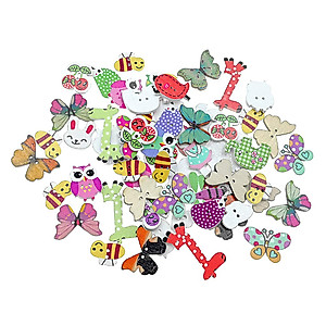 Kinteshun Wooden Buttons Natural Wood 2-Holed Fastener Buttons for Sewing Knitting Handcraft(100pcs,Assorted Cartoon Animals Printing Patterns)
