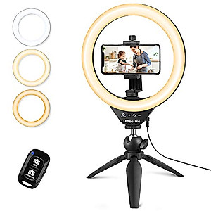 UBeesize 10" Selfie Ring Light with Tripod Stand & Cell Phone Holder, Dimmable Desktop LED Circle Light for Live Streaming/Makeup/YouTube/TIK Tok, Compatible with iOS and Android Phones