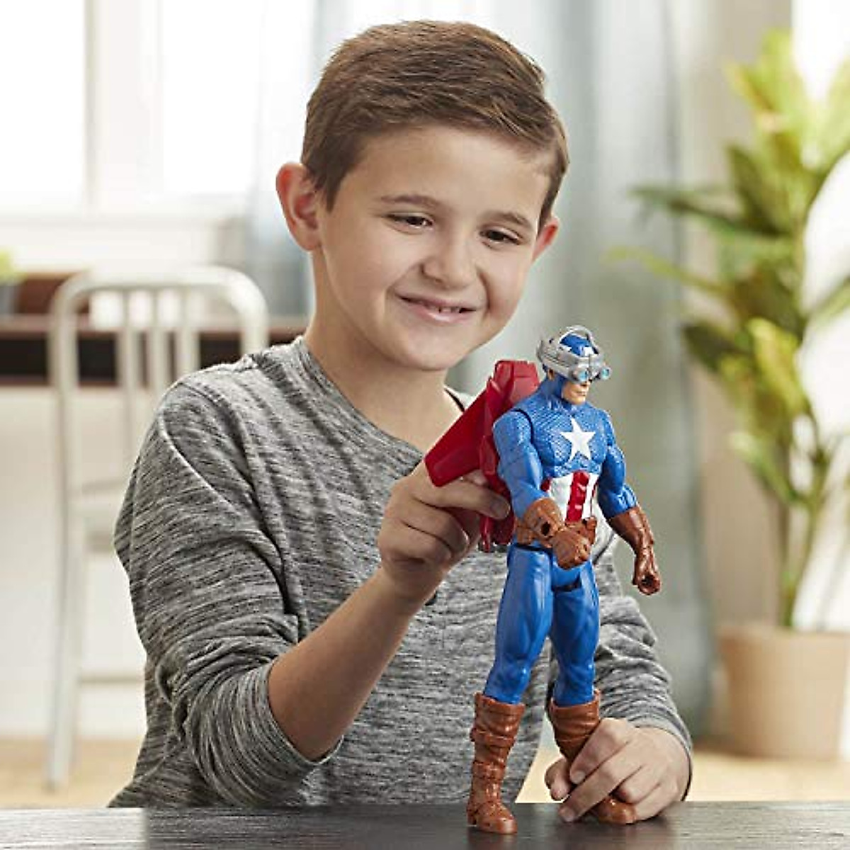 Avengers Marvel Titan Hero Series Blast Gear Captain America, 12-Inch Toy, with Launcher, 2 Accessories and Projectile, Ages 4 and Up , Blue