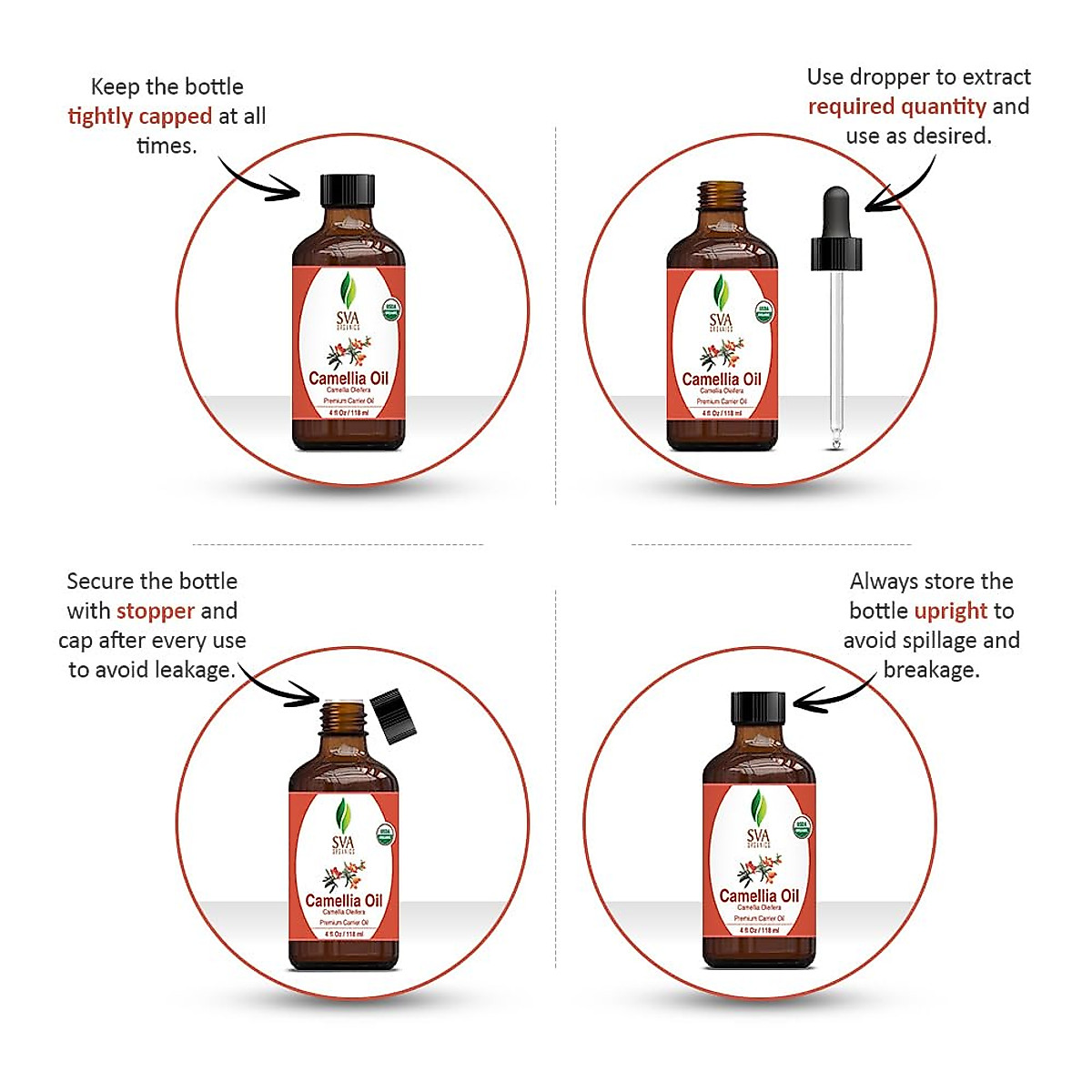 SVA Camellia Seed Oil Organic - 4 Fl Oz – 100% Natural Cold Pressed Organic Camellia Oil - for Face, Skin Care, Hair Care, Scalp Massage & Body Massage – Carrier Oil with Dropper