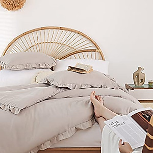 JANZAA Vintage Bedding Set Soft Shabby Chic Fluffy All Season Queen Oatmeal Comforter Set 3PCS(1 Ruffled Comforter Set and 2 Pillowcases)