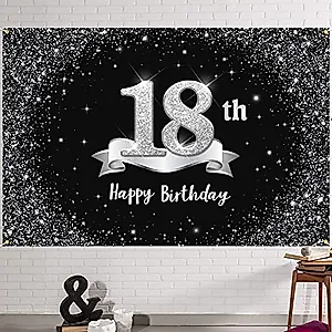 HAMIGAR 6x4ft Happy 18th Birthday Banner Backdrop - 18 Years Old Birthday Decorations Party Supplies for Girls Boys - Black Silver