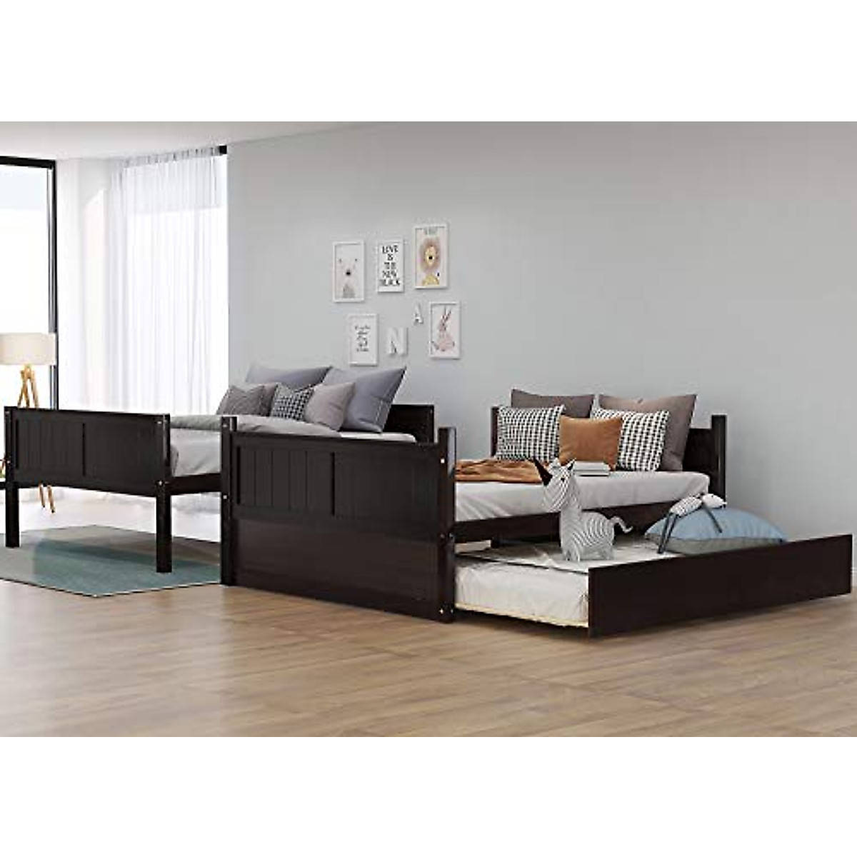 MERITLINE Full Over Full Bunk Bed with Trundle, Wood Bunk Bed with Twin Size Trundle, for Kids Teens Adults (Espresso)