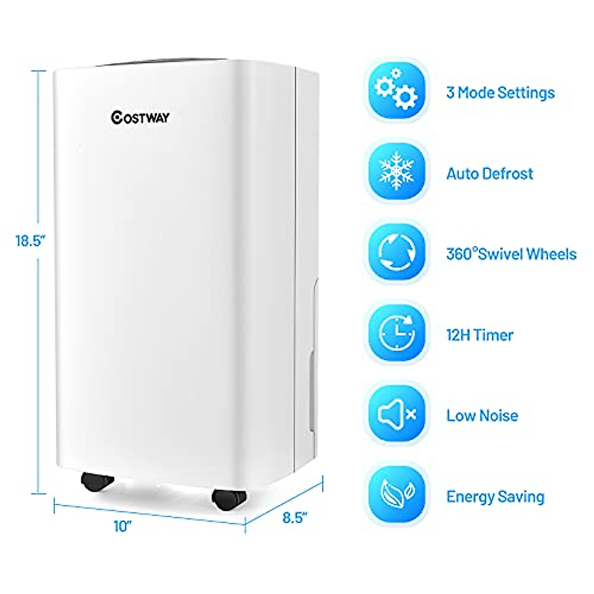 COSTWAY Dehumidifier for Large Room and Basements, 1500 Sq. Ft Portable 24 Pints Dehumidifier with 3 Modes, 2 Speeds, 12H Timer, Auto or Manual Drainage, 0.5 Gallon Water Tank, 4 Wheels for Home and Basements