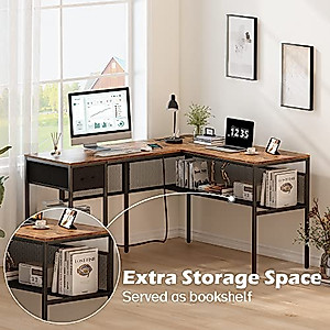 SUPERJARE L Shaped Desk with Power Outlets, Computer Desk with Drawer, Reversible Corner Desk with Grid Storage Bookshelf, Home Office Desk, Rustic Brown