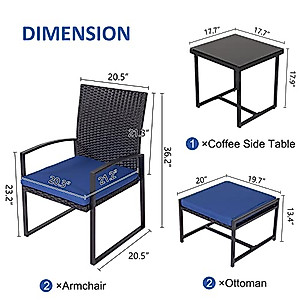 J-SUN-7 5-Piece Patio Furniture Conversation Set PE Rattan All Weather Cushioned Chairs Bistro Set with Ottoman and Glass Coffee Side Table for Balcony Porch, Dark Blue