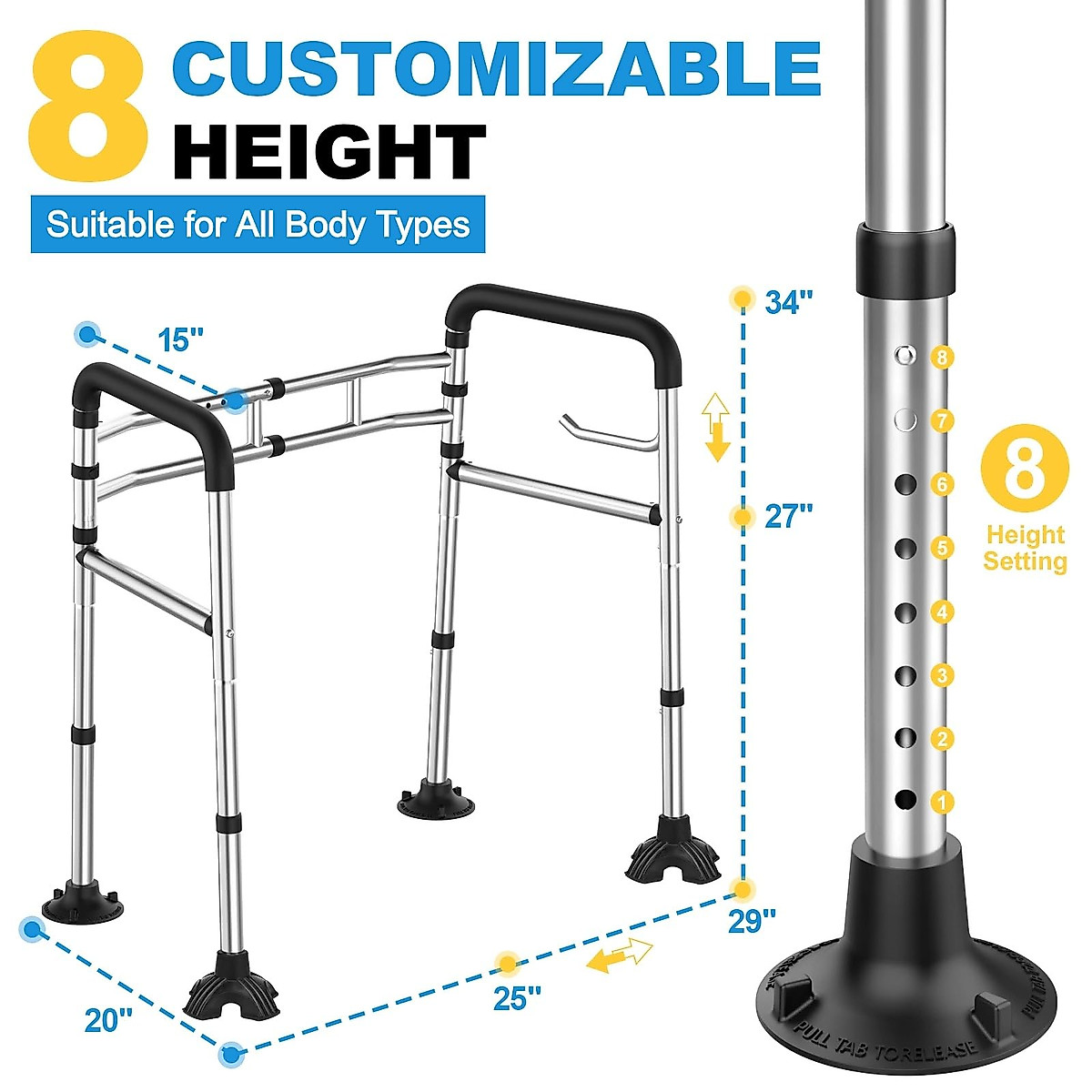 Medhelp FSA/HSA Eligible Toilet Safety Rails, 380lbs Stainless Steel Adjustable Toilet Safety Frame, Toilet Rails with Handles & Toilet Paper Holder, Toilet Bars for Elderly, Disabled & Handicap