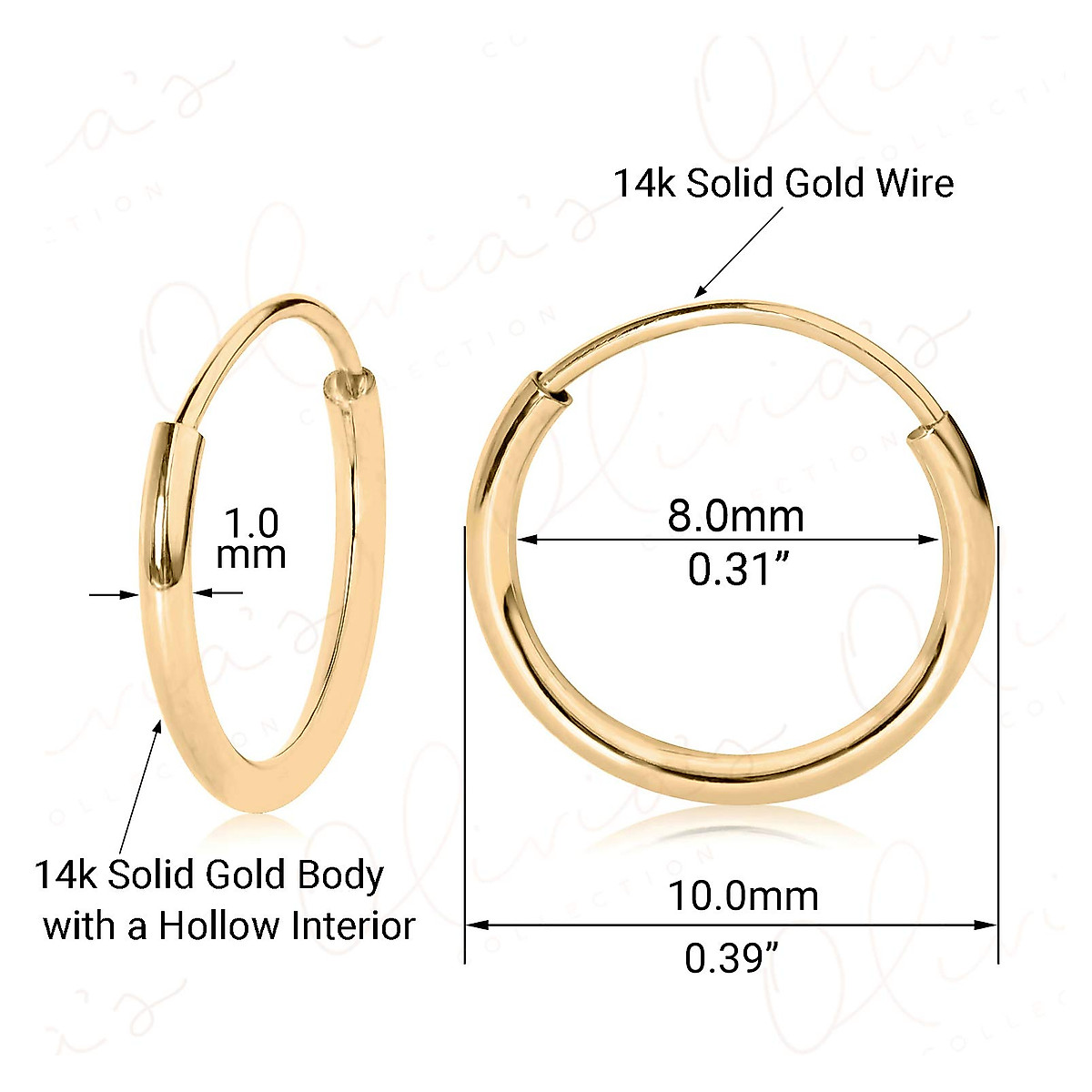 14k Yellow Gold Endless Hoop Earrings 10x1.0mm