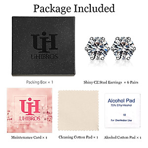 UHIBROS 6 Pairs Stainless Steel Stud Earrings Set Hypoallergenic Cubic Zirconia 14K White Gold 316L CZ Earrings