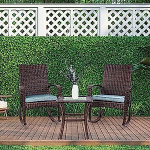 Niubya 3 Piece Wicker Rocking Chair Patio Furniture Sets, Outdoor Wicker Bistro Rattan Chair Conversation Sets with Cushions and Coffee Table, Grey and Brown