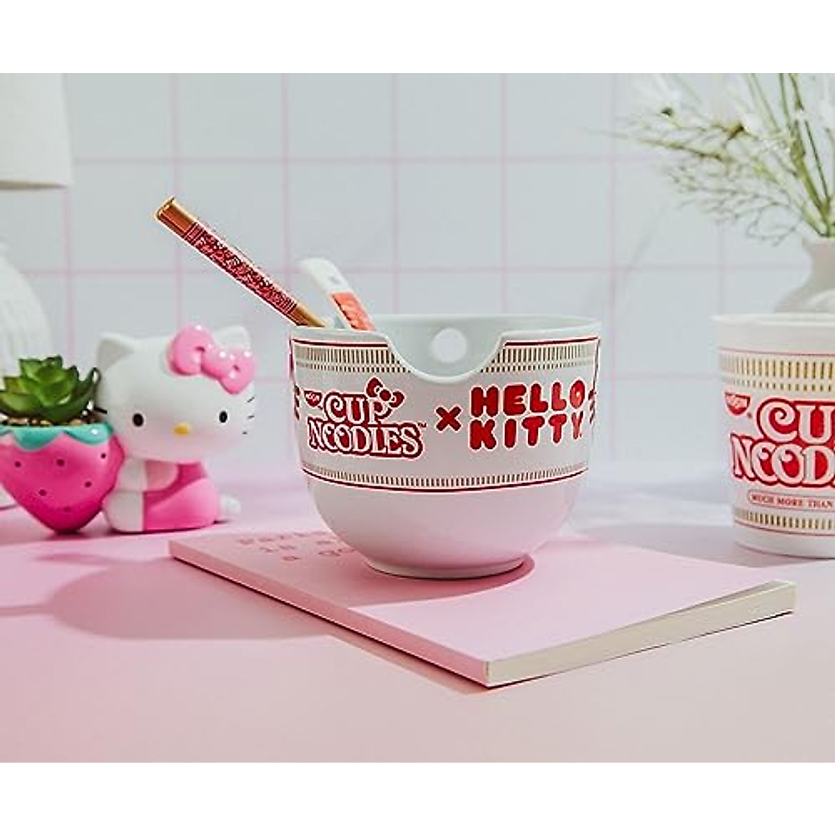 Silver Buffalo Sanrio Hello Kitty x Nissin 20-Ounce Ramen Bowl With Chopsticks and Spoon