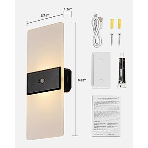 pasentel Motion Sensor LED Wall Sconces, 2-Pack Acrylic USB Rechargeable Wall Light Battery Operated Night Light Indoor Led Wireless Wall Lamp for Stairs, Hallway, Bathroom, Bedroom, BD025-LEB-BK2