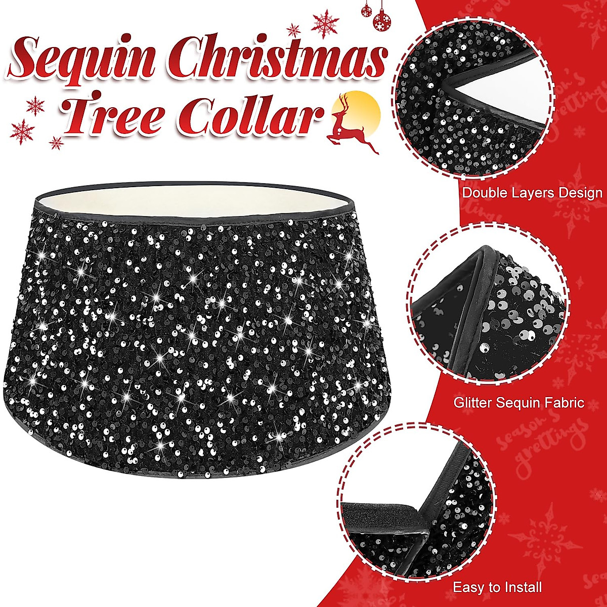 FOTSHARER Black Christmas Tree Collar 23.6 Inches Velvet Christmas Tree Skirt Metal Tree Collar Sequin Christmas Tree Ring Collar for Artificial Trees Rustic Tree Base Box for Xmas Home Ornaments