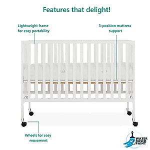 Dream On Me Quinn Full-Size Folding Crib In White, Removeable Wheels, Modern Nursey, Adjustable Mattress Support, Portable Crib, Patented Folding System
