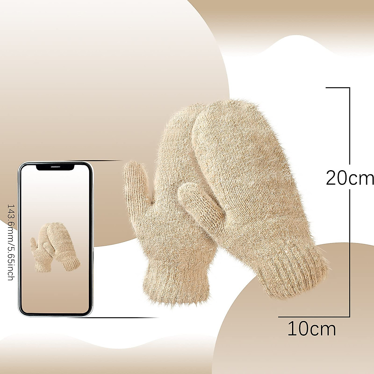 Hicarer 4 Pairs Women Mittens for Women Adult Winter Ladies Mittens Knitted Gloves Warm Fleece Mittens Double Wool Gloves, Black, Grey, Light Grey, Camel, about 3.9 x 9 inches