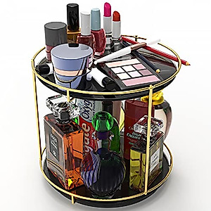 Craena 360 Rotating Makeup Organizer with 2 Tier Tray for Vanity and Bathroom, Black Tempered Glass and Stainless Steel Gold, Cosmetic Storage and Skincare Holder with Vintage Style(Gold)