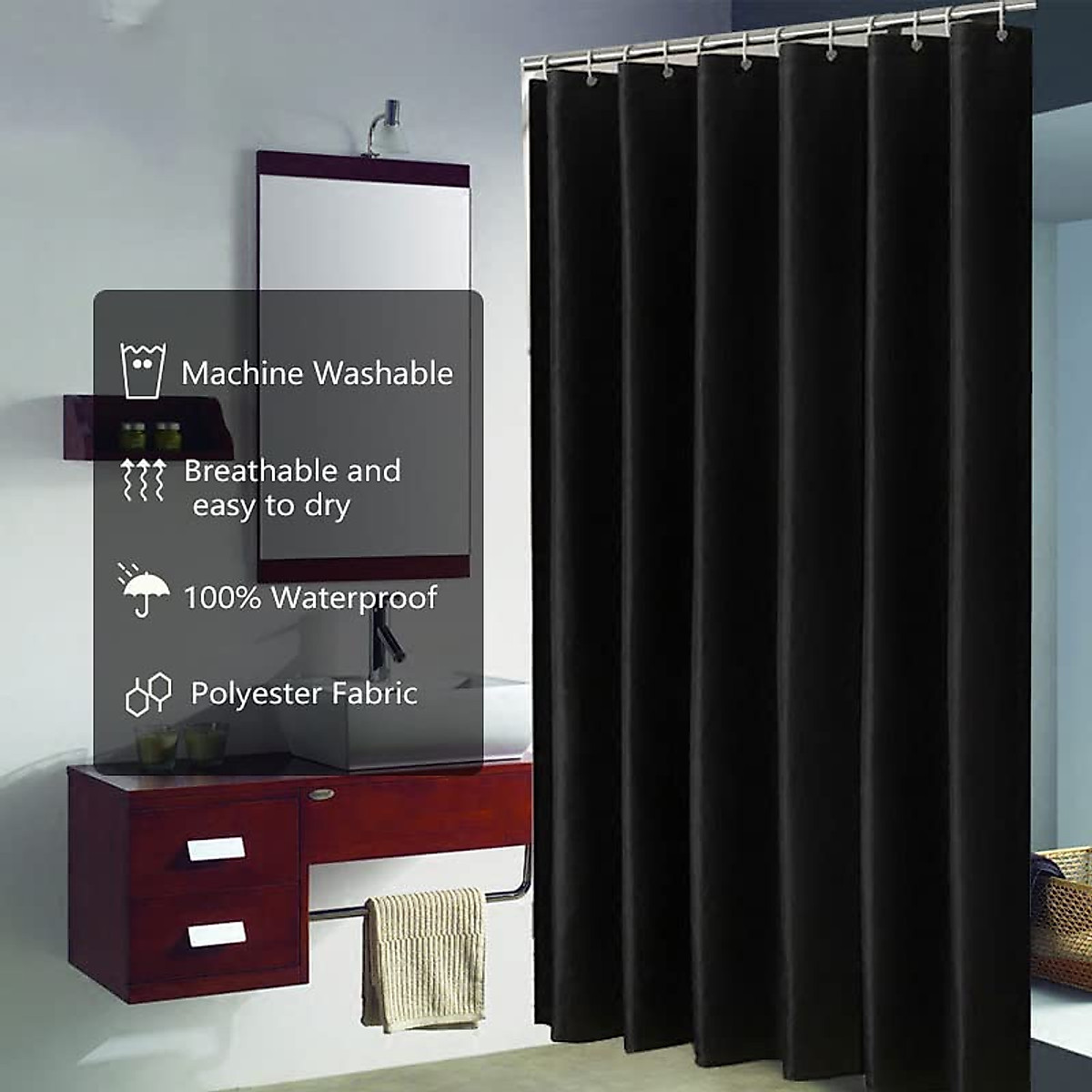 LLSCL Fabric Shower Curtain Liner, Waterproof Hotel Quality, Bathroom Curtains Rust Resistant Grommets, 72 x 72 Machine Washable (Black)