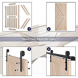 SmartStandard 36in x 84in Barn Door Kit, (2-Panel Sliding Door & Pull and Handle Set & Floor Guide), Pre-Drilled Ready to Assemble, Natural Unfinished Solid Wood Door, K-Frame (Fit 6FT -6.6FT Rail)