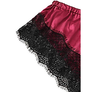 WDIRARA Women's 2Pcs Floral Lace Cami Top with Shorts Sleepwear Pajama Set Red L