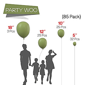 PartyWoo Sage Green Balloons, 85 pcs Boho Green Balloons Different Sizes Pack of 18 Inch 12 Inch 10 Inch 5 Inch Matte Green Balloons for Balloon Garland or Balloon Arch as Party Decorations, Green-F11