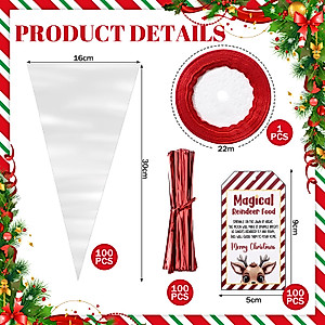 Dansydaisy 100 Set Magic Reindeer Food Christmas Treat Bag with Tag and Red Ribbon Christmas Party Favor Goodie Cone Bags with Labels Twist Ties Plastic Reindeer Food Bags for Xmas Gift Wrapping